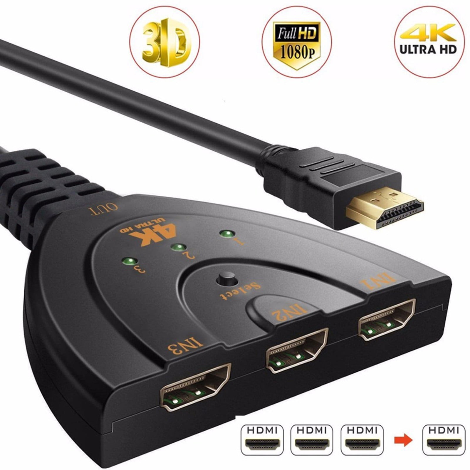 3 Port HDMI Splitter 2K/4K HD TV Adapter Cable 3 IN 1 Out New - Walmart.com