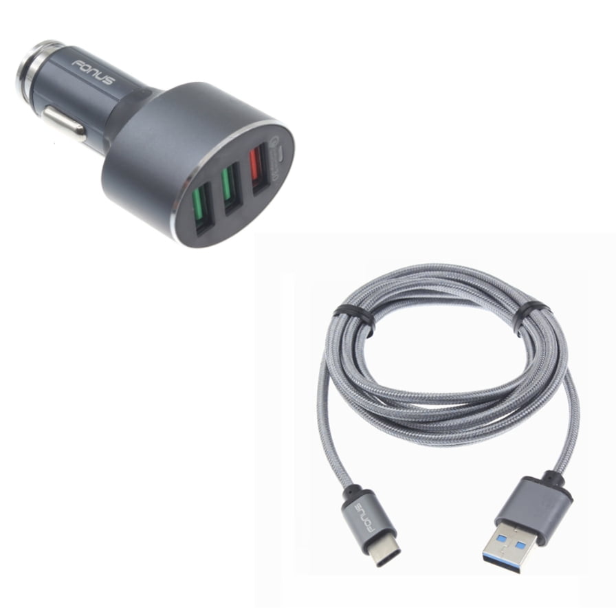 3-Port USB 42W Quick Car Charger w Charger Cord Type-C 10ft USB Cable ...