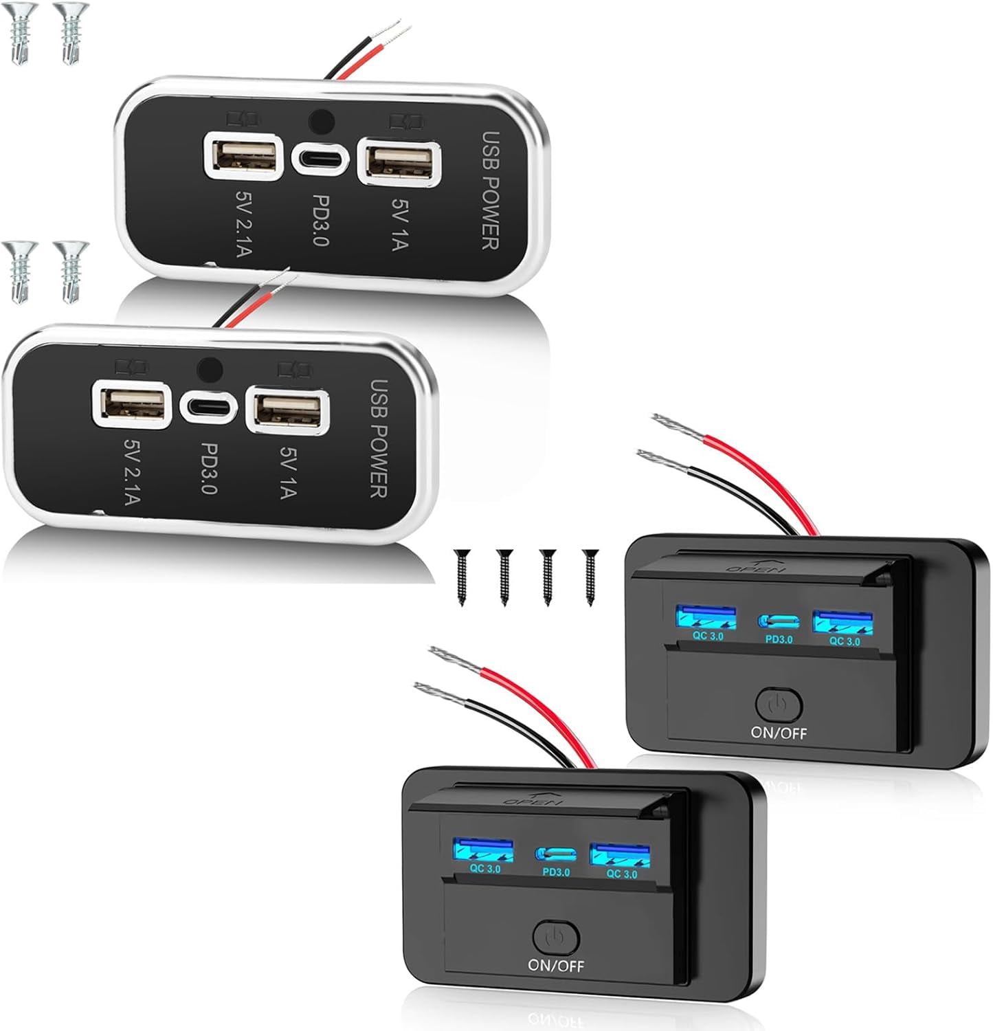 3 Ports 12V RV USB Outlet 72W Dual USB QC3.0 36W & PD3.0 Type-C Quick ...