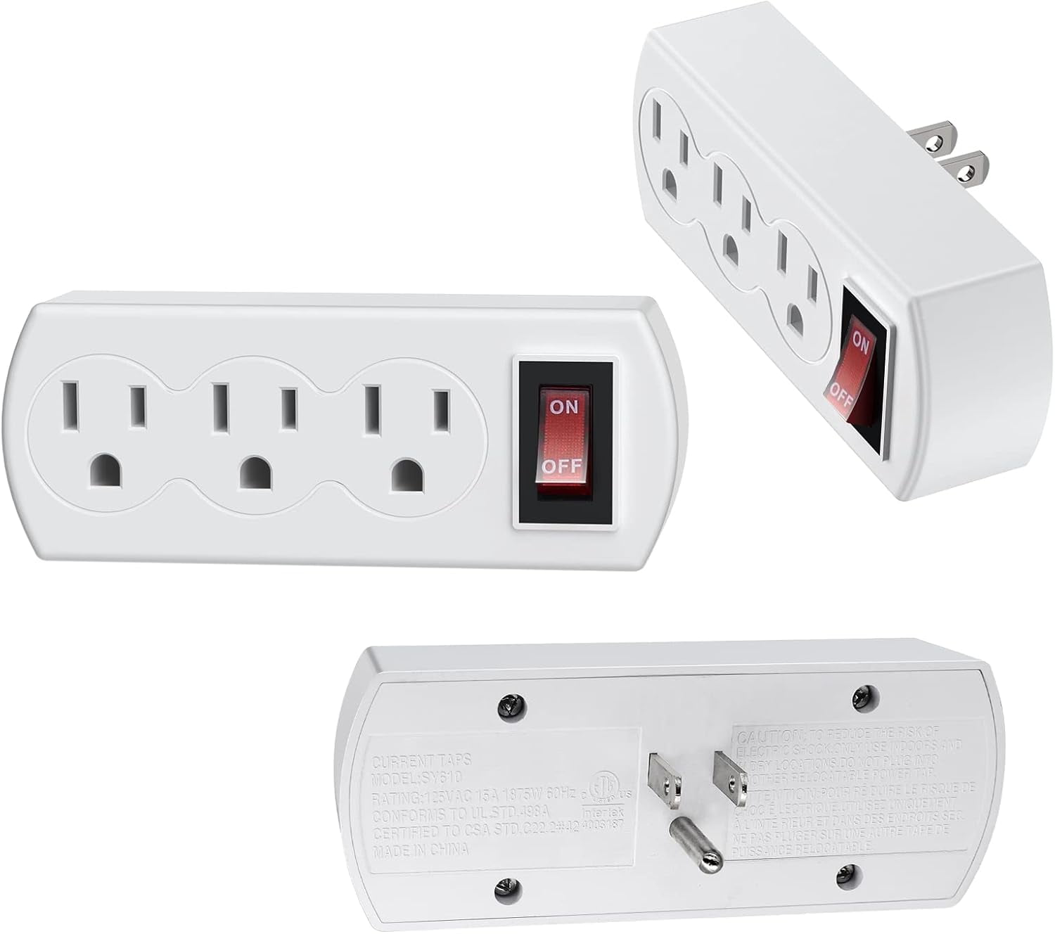 3 Prong 3 Outlets AC Grounded Triple Outlet Adapter, Multi Plug with ...