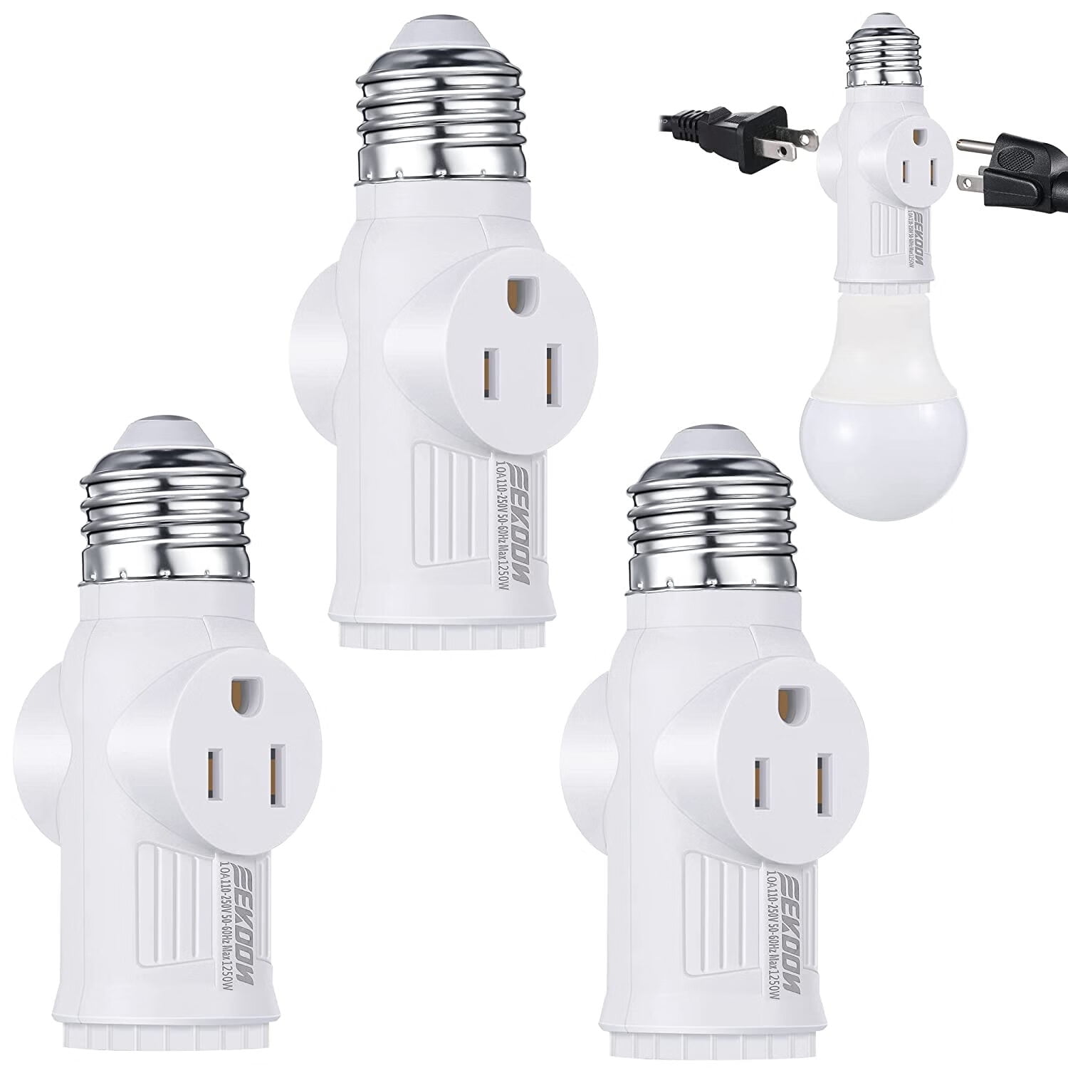 3 Prong Light Bulb Adapter, E26/E27, Outdoor Power Plug, for Garage ...