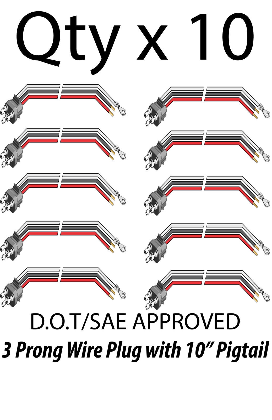 3 Prong Pigtail Wire Plug for Truck Trailer Stop Turn Tail Lights - Qty ...