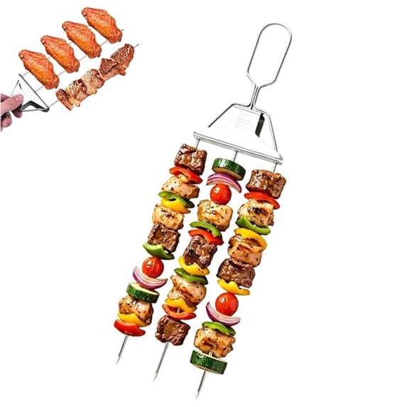 3 Prong Skewers for Grilling - 14.7" Stainless Steel Skewer with Push ...