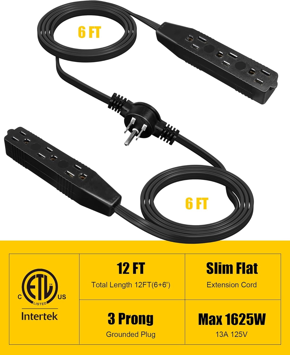 3 Prong Twin Extension Cord Power Strip, 12Ft Ultra Thin Flat Extension ...