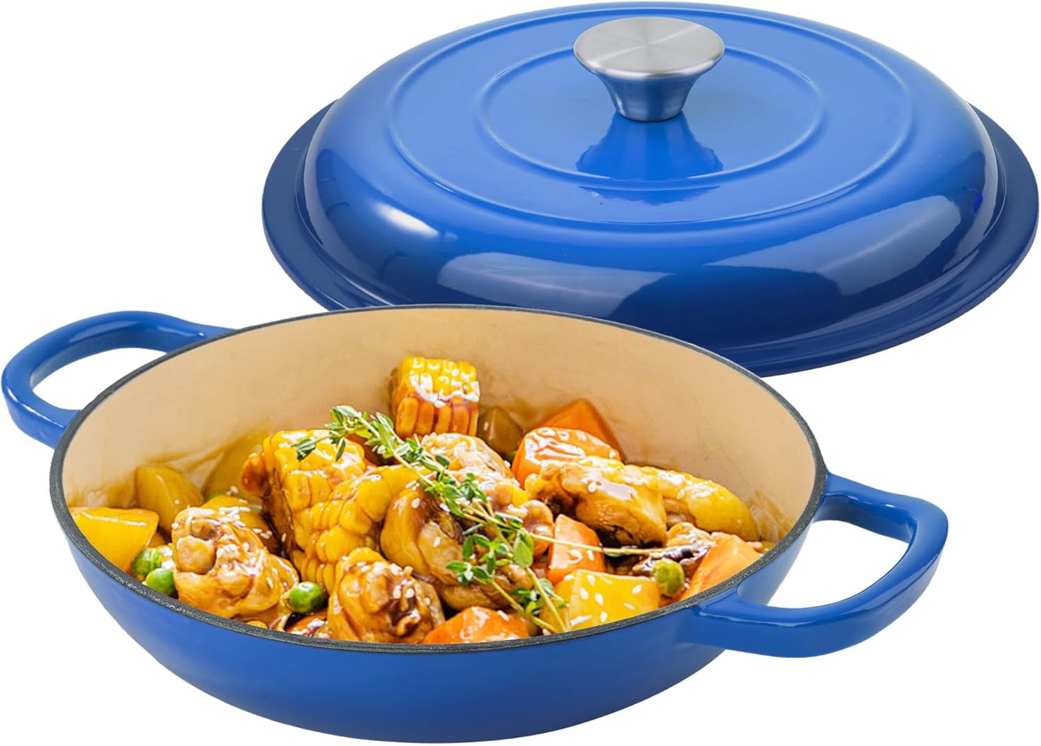 3 Quart Enameled Shallow Cast Iron Dutch Oven with Lid, Dual Handles ...