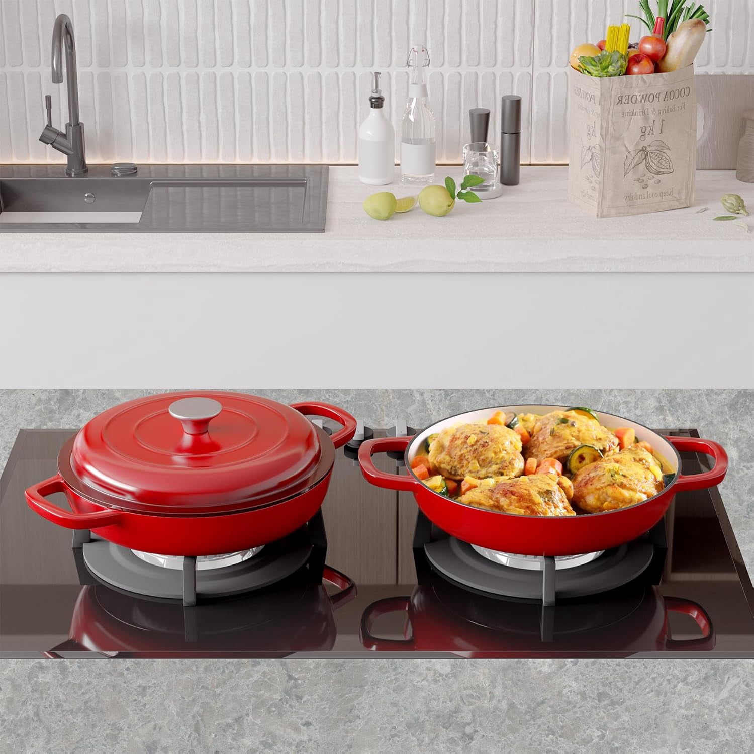 3 Quart Enameled Shallow Cast Iron Dutch Oven with Lid, Dual Handles ...