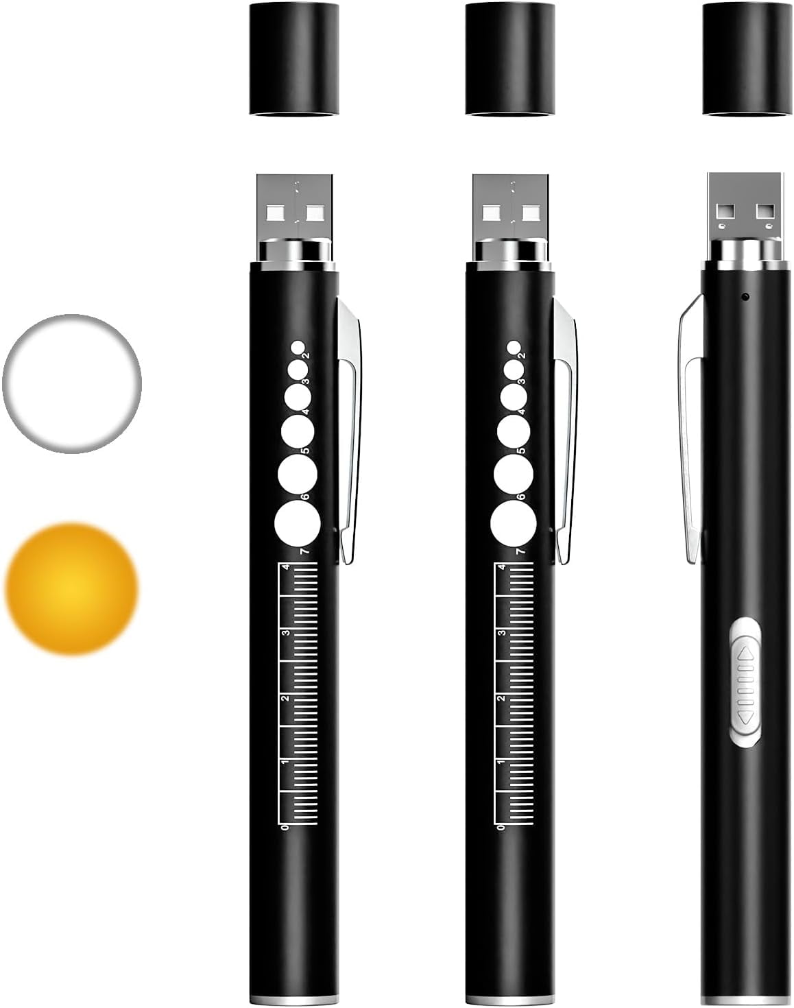 3 Rechargeable Penlights Flashlight with Pupil Gauge & Ruler, Mini LED ...