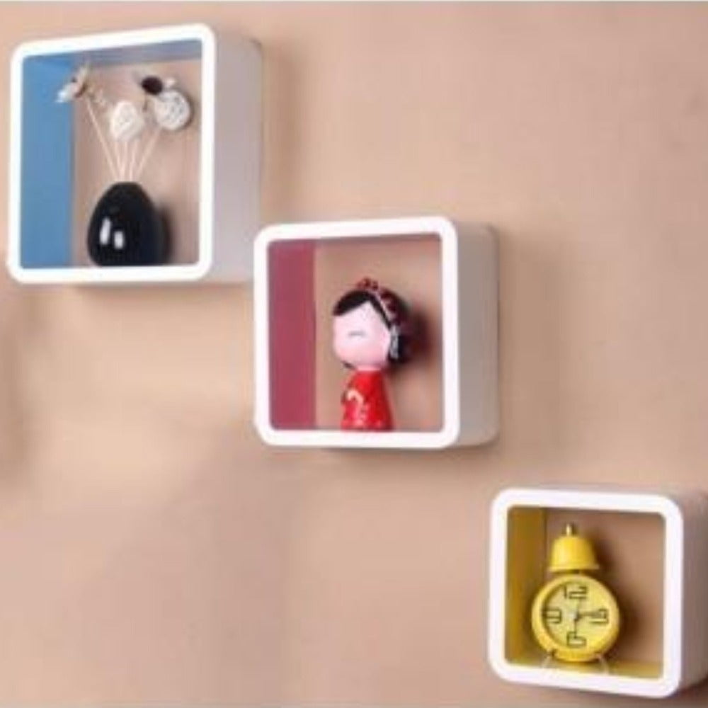 3 Retro Square Wooden Rounded Floating Cube Wall Storage Shelves ...