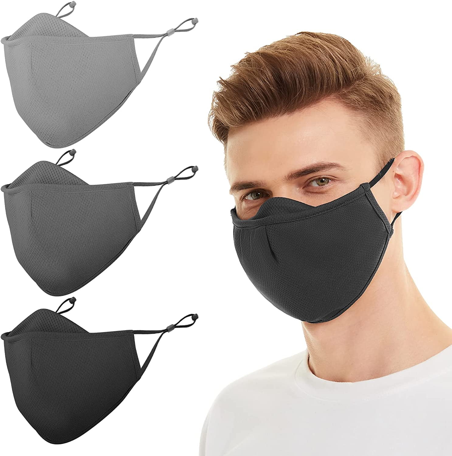 3 Reusable Cloth Face Masks, Large Adjustable Cotton Masks with Filter ...