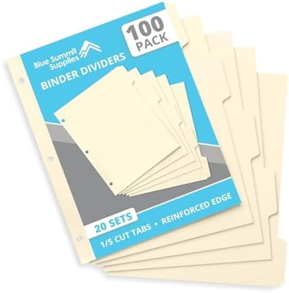 3 Ring Binder Dividers with Reinforced Edge, 1/5 Cut Tabs, Letter Size ...