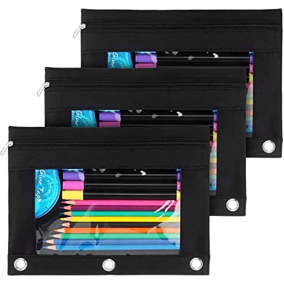 3 Ring Binder Pencil Pouch, Clear Window Pencil Case, Black, 3 Pack ...