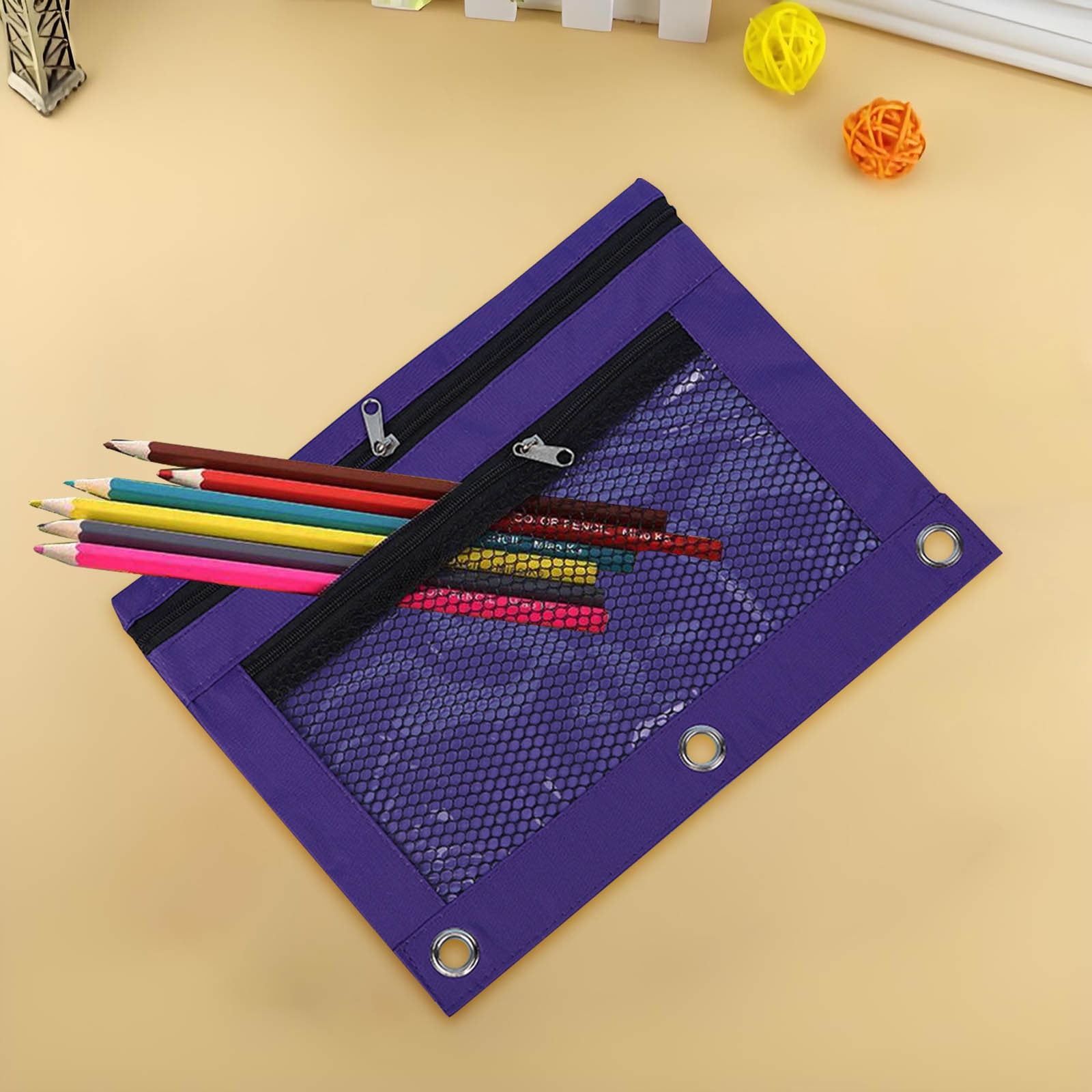 3-Ring Zipper Pencil Pouch with Double Compartments & Clear View Window ...
