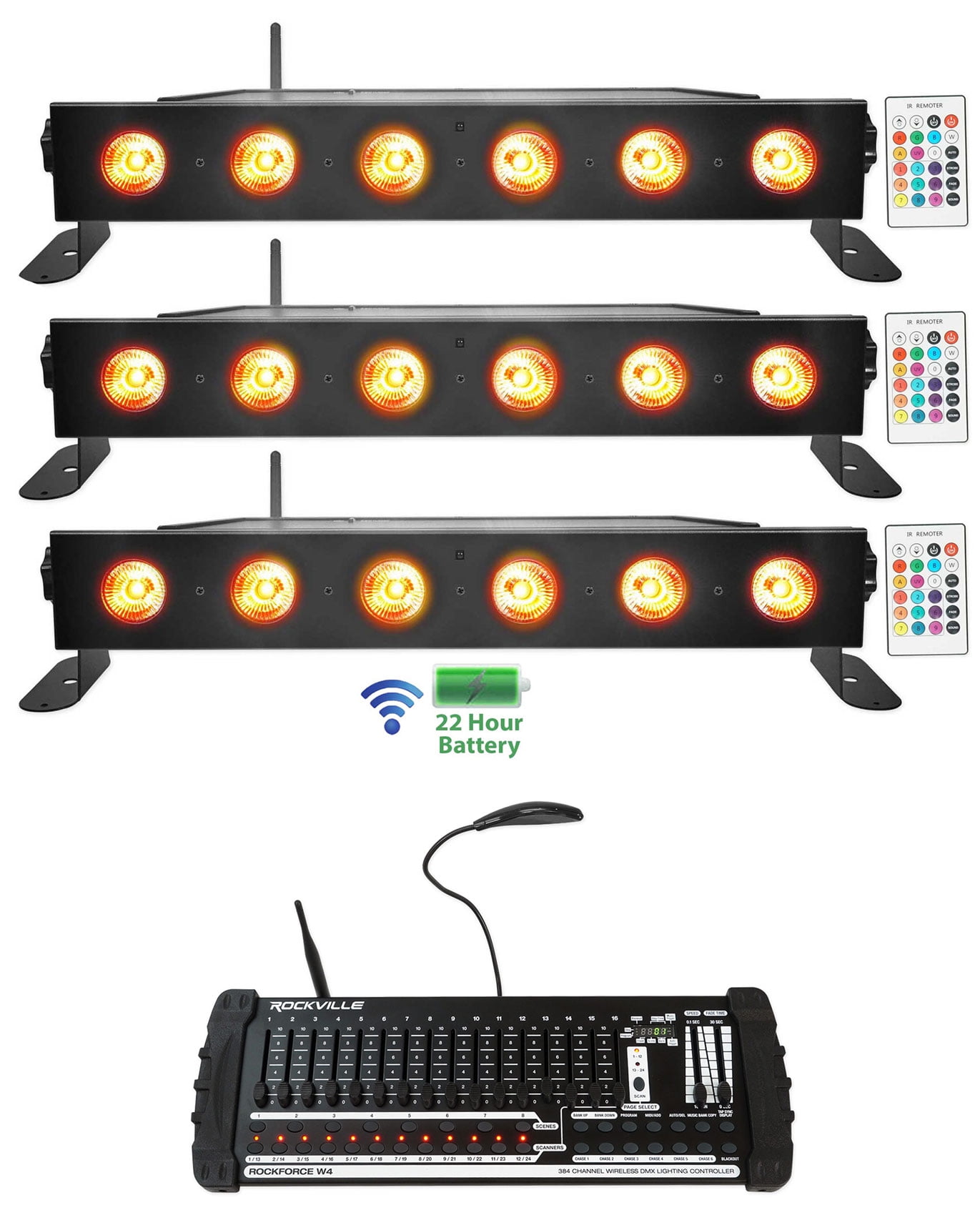 (3) Rockville BEST STRIP 60 Battery Light Bars+384 Ch. Wireless DMX ...