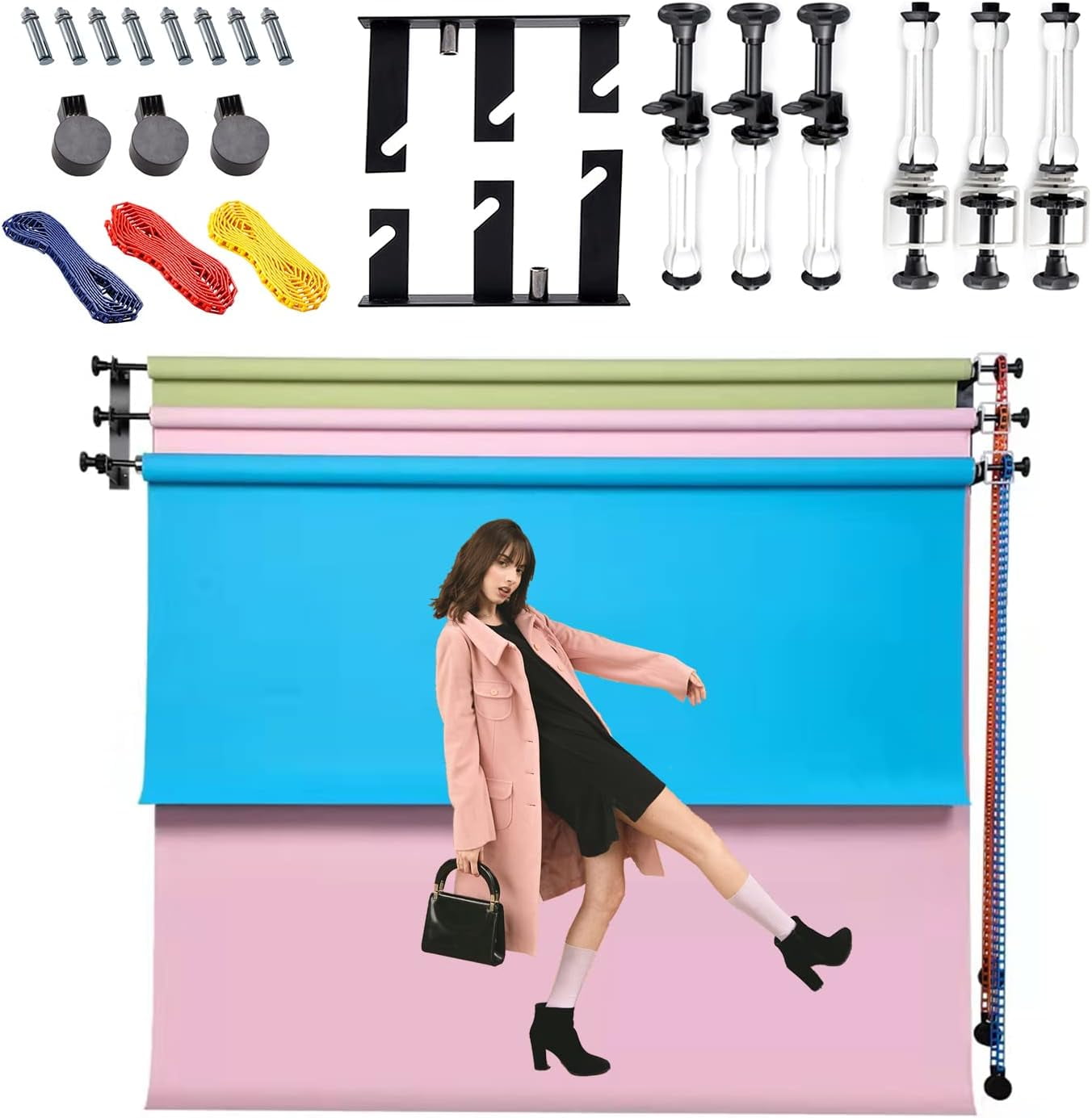 3 Roller Wall Mounting Manual Background Support System, Including 3 ...