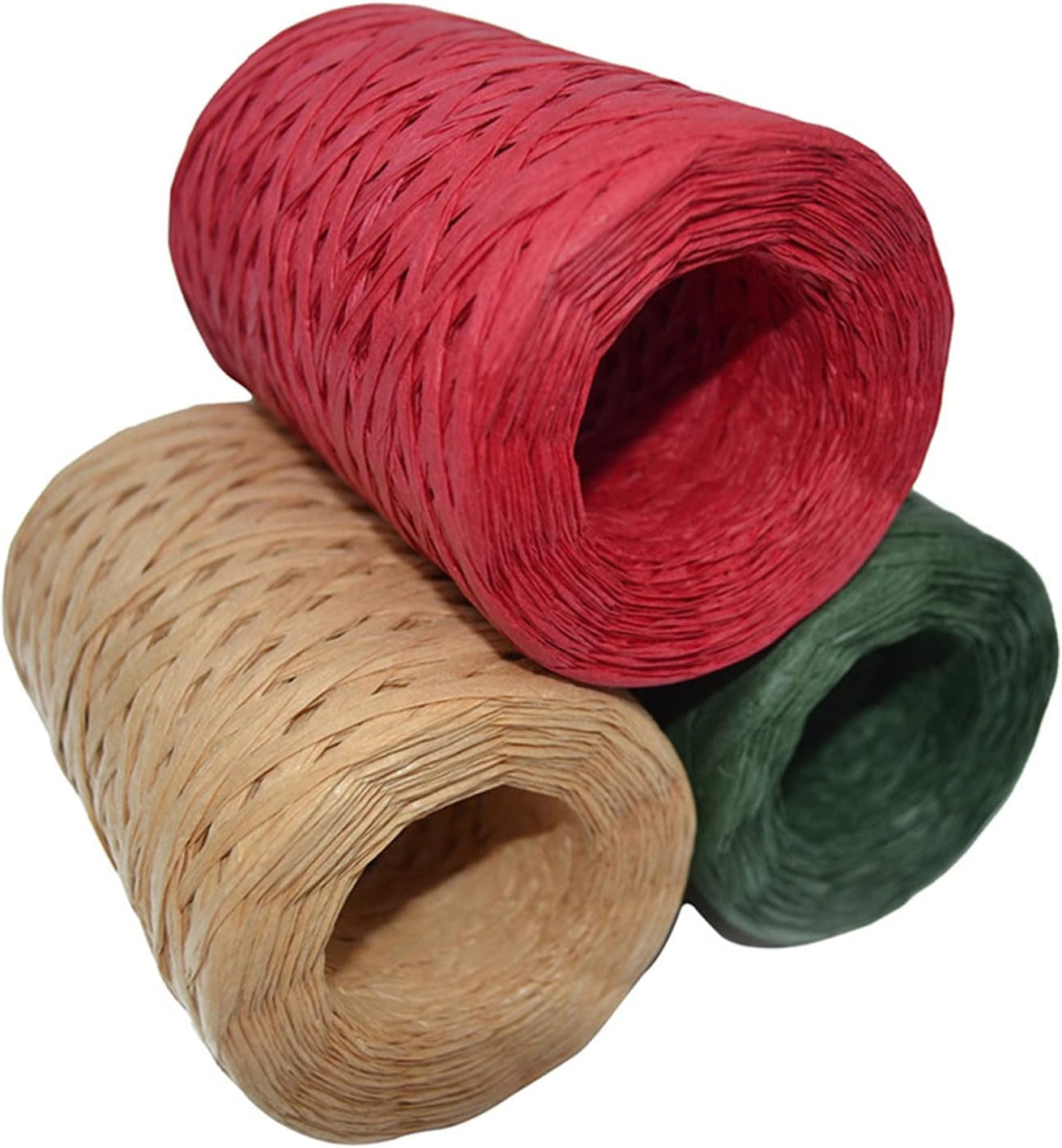 3 Rolls 100M Christmas Matte Raffia Paper Ribbon,Natural Red Green ...