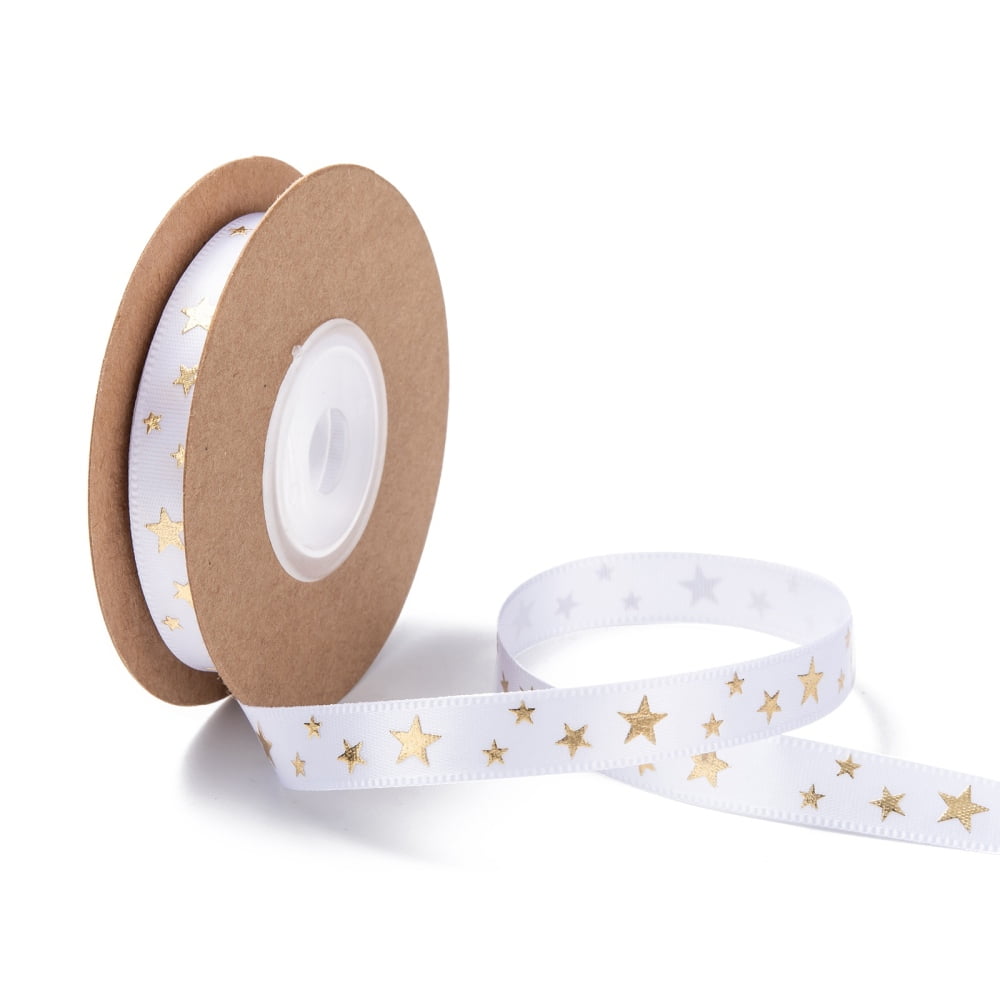 3 Rolls 30 Yards 3/8 Inch Star Print Ribbon White Gold Stars Christmas ...