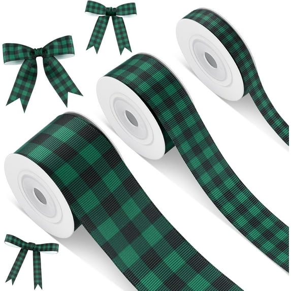 3 Rolls Christmas and Black Checkered Ribbon Grosgrain Printed Ribbon ...