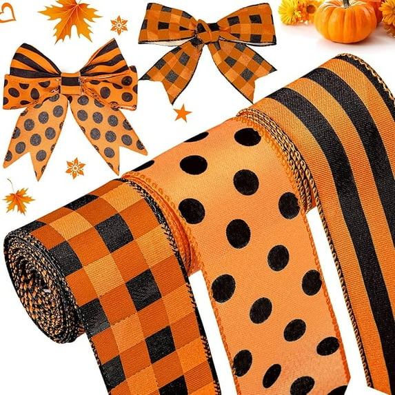 3 Rolls Christmas Burlap Ribbon Orange and Black Plaid Wrapping Wired ...