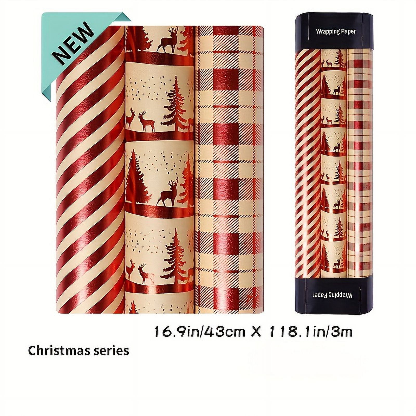 3 Rolls Christmas Gift Wrapping Paper, Red Gold Xmas Packaging Paper ...