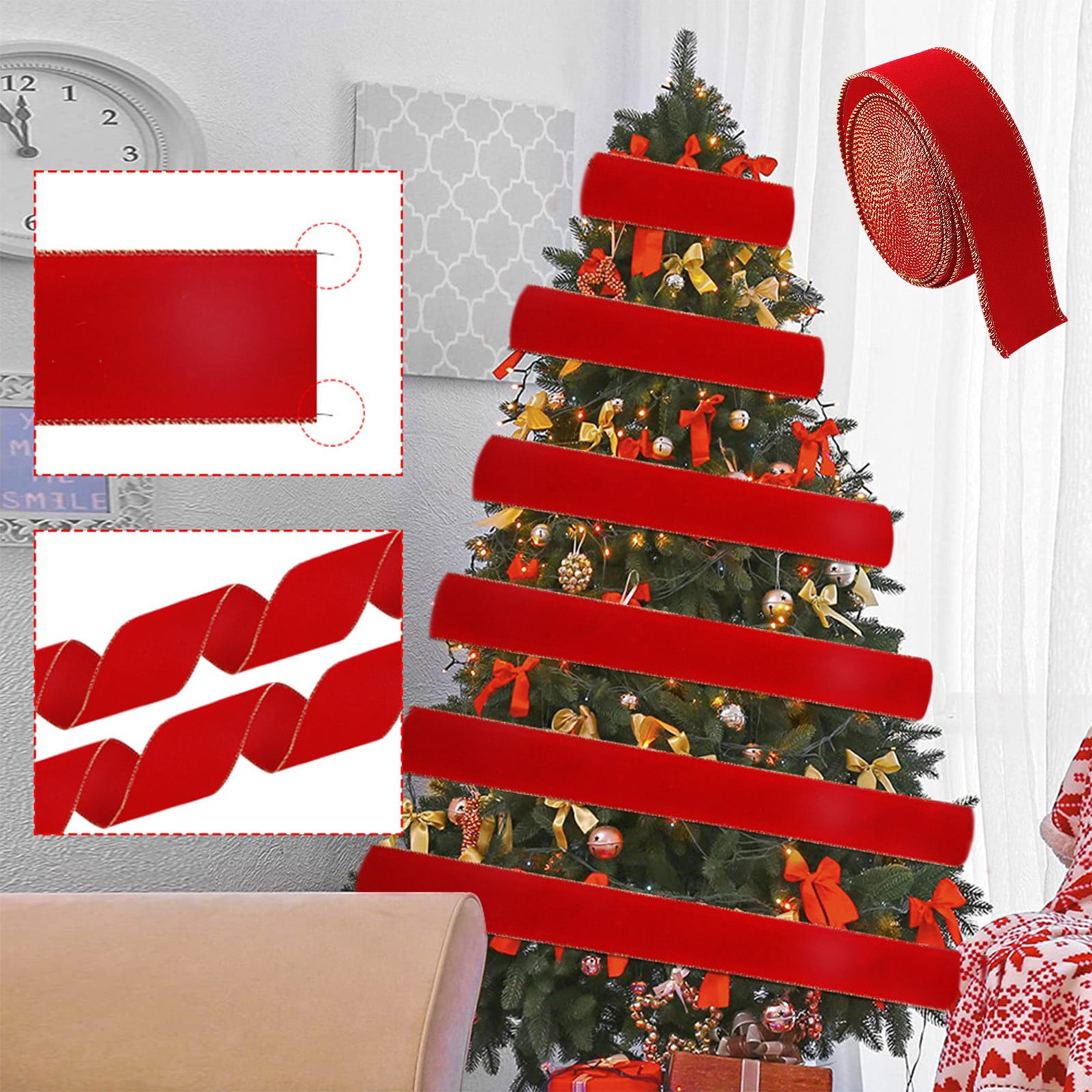 3 Rolls Christmas Red Velvet Ribbon with Gold Edge,Gift Bow Wrapping ...