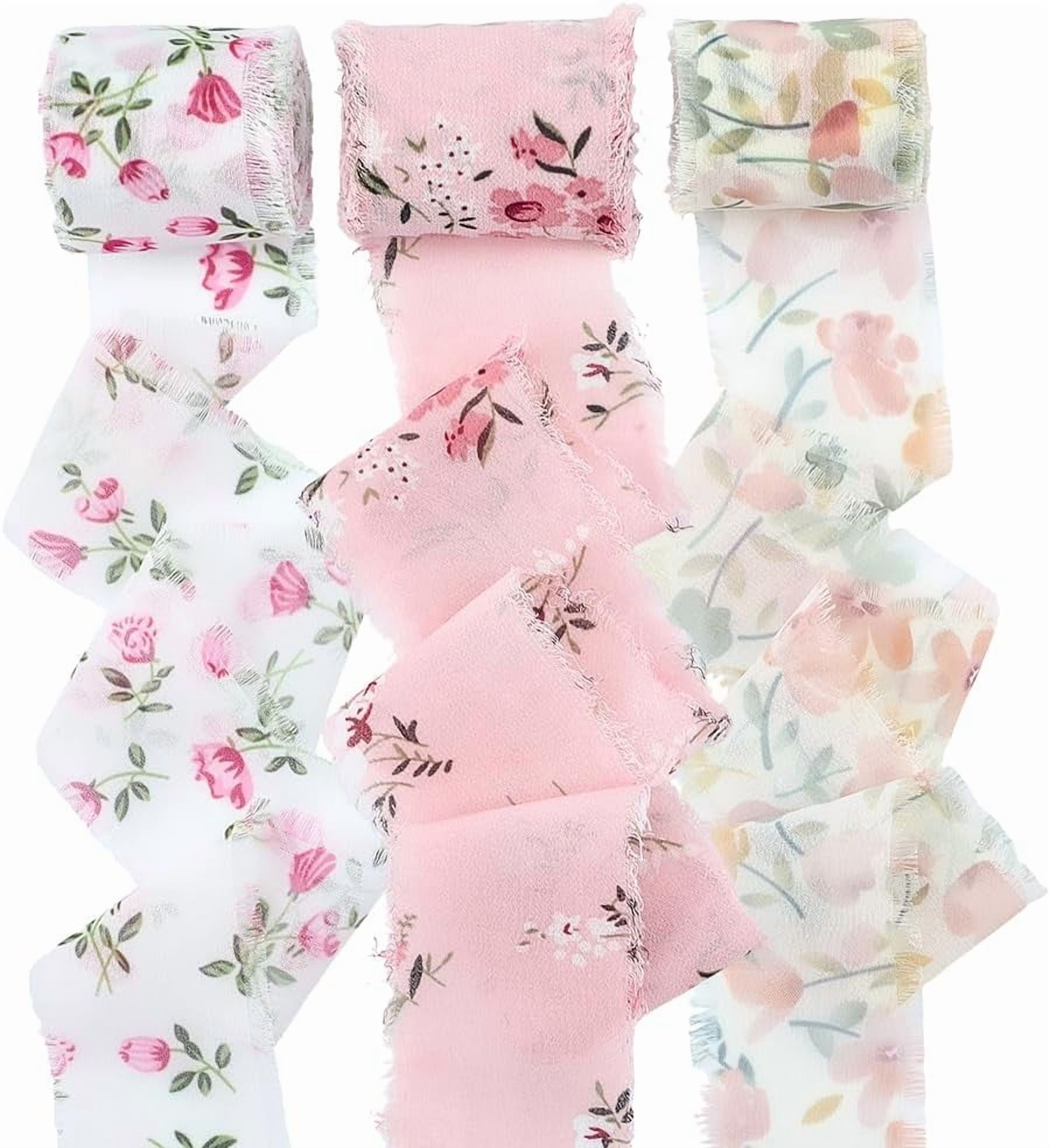 3 Rolls Floral Chiffon Ribbon Fringe 16Ydsx1.7In White Pink Handmade ...
