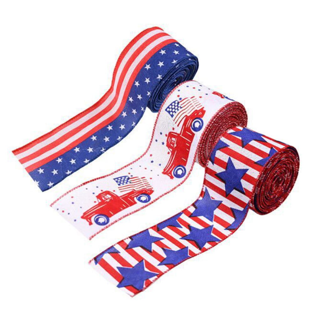 3 Rolls July 4th Ribbon Patriotic Wired Ribbon Red Blue White Wired ...