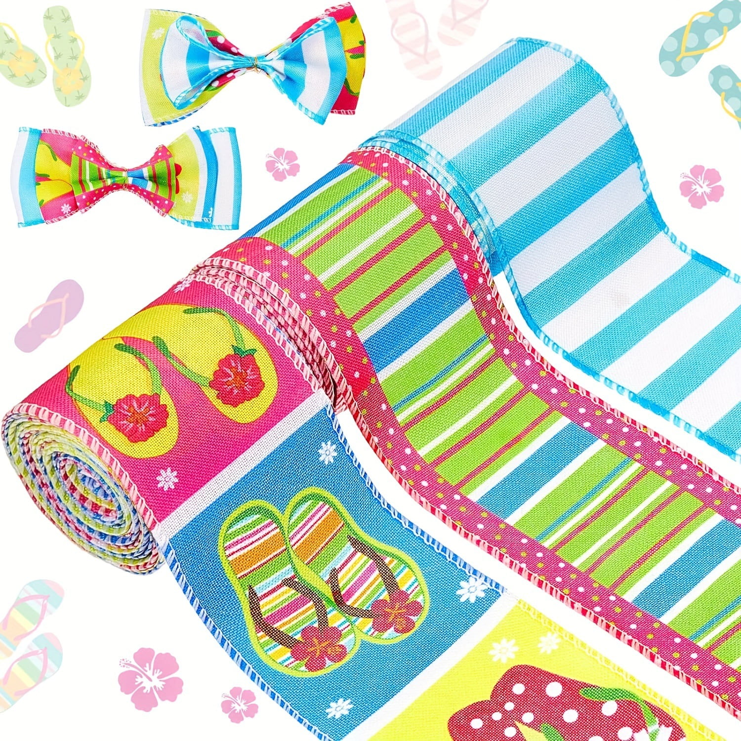 3 Rolls Summer Wired Ribbon 5 Yards Flip Flop Fabric Decorative Ribbon ...