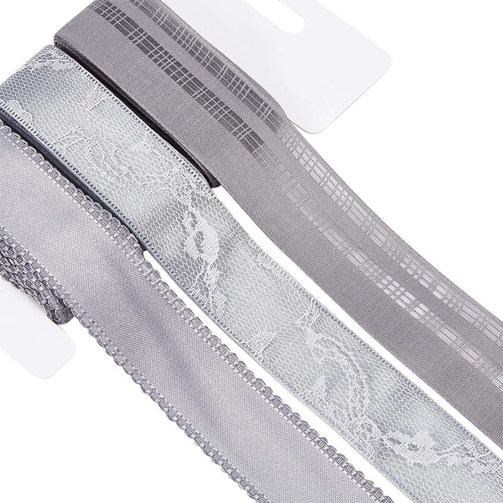 3 Rolls Wired Edge Ribbon 1inch Grey Satin Floral Lace Burlap Peep ...