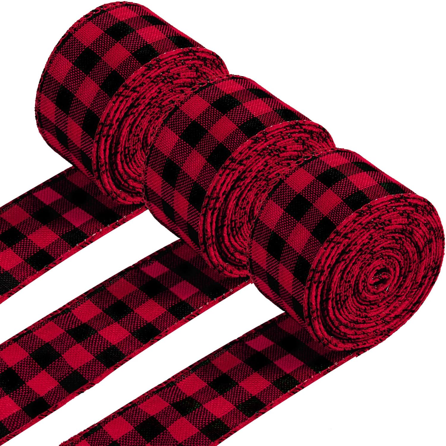 3 Rolls Wired Edge Ribbons, Black Red Plaid Ribbon, Black White Buffalo ...