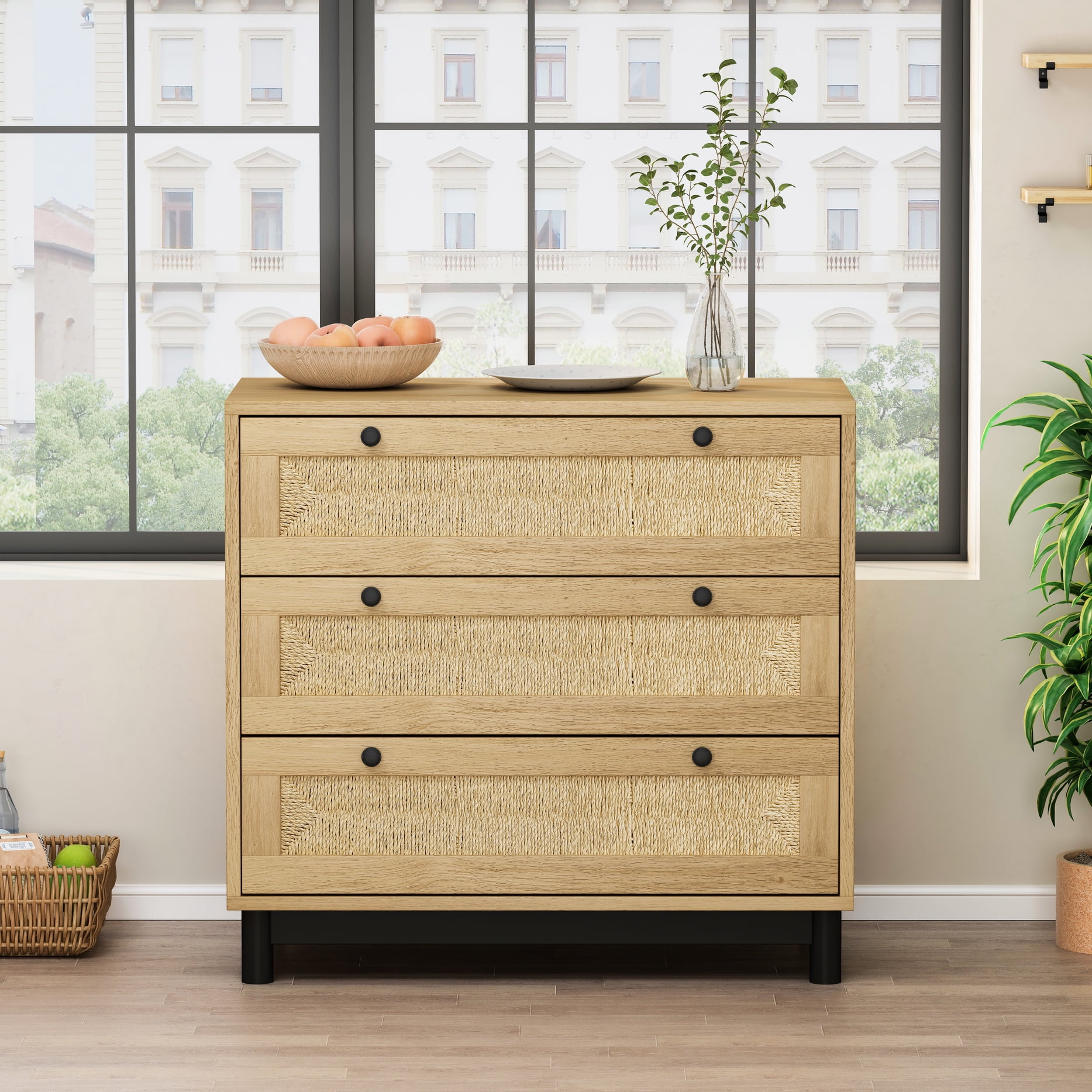 3 Rope Woven Drawer Storage Cabinet In Oak For Bedroom, Living Room ...