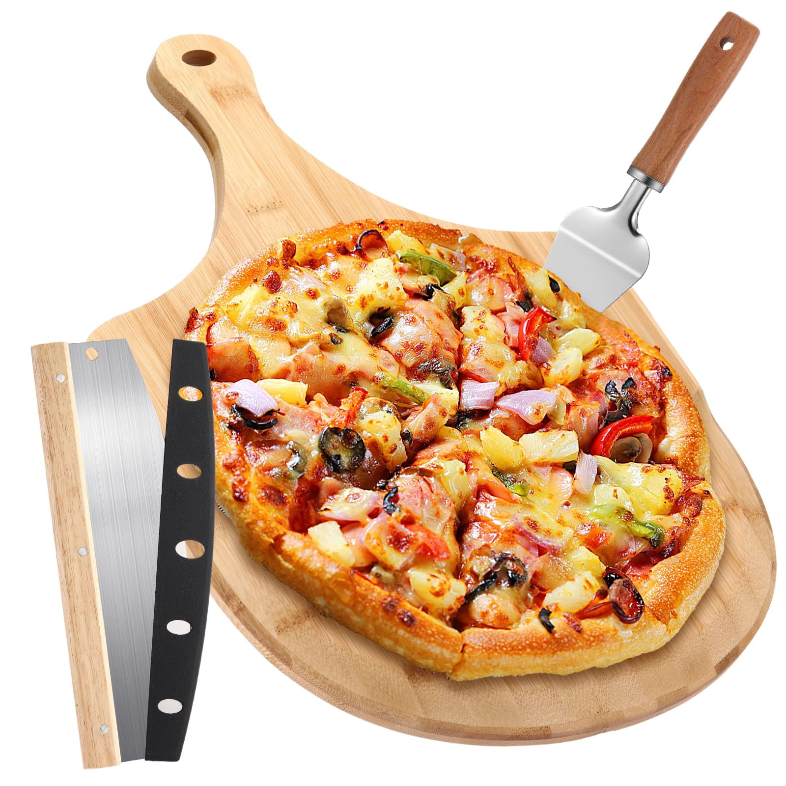 3 Round Pizza Stone Set with 12" x 17" Foldable Handle Peel and Rocker ...