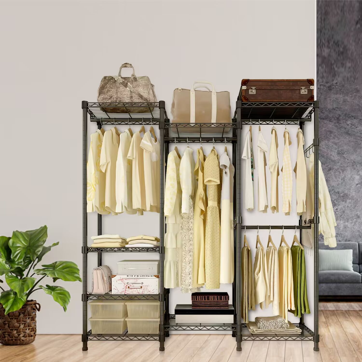 3 Rows of Hanging Bars Plus 7 Layers of Shelves Wire Metal Hangers ...