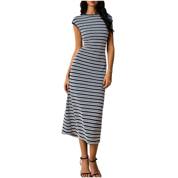 3-SELONE Beach Dresses for Women Crew Neck Sleeveless Maxi Dress Stripe ...