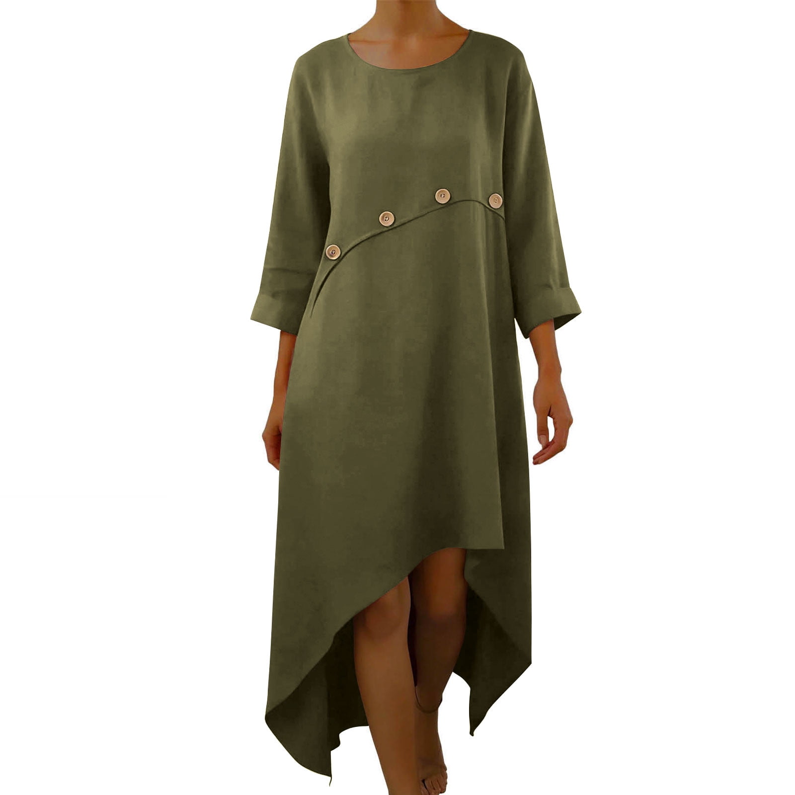 SELONE Dresses for Women Linen Crew Neck 3/4 Sleeve Maxi Dress Button ...