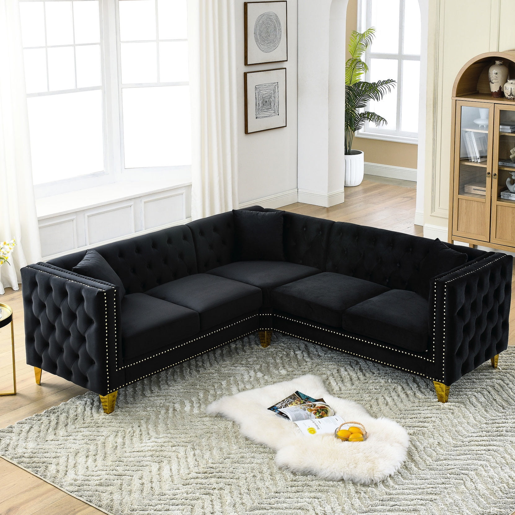 3-Seat L-Shaped Velvet Couch / Comfortable Seating for Multiple People ...