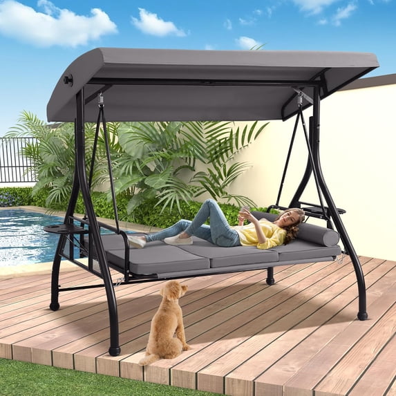 3-Seat Outdoor Porch Swing with Adjustable Canopy, Convertible Swings ...