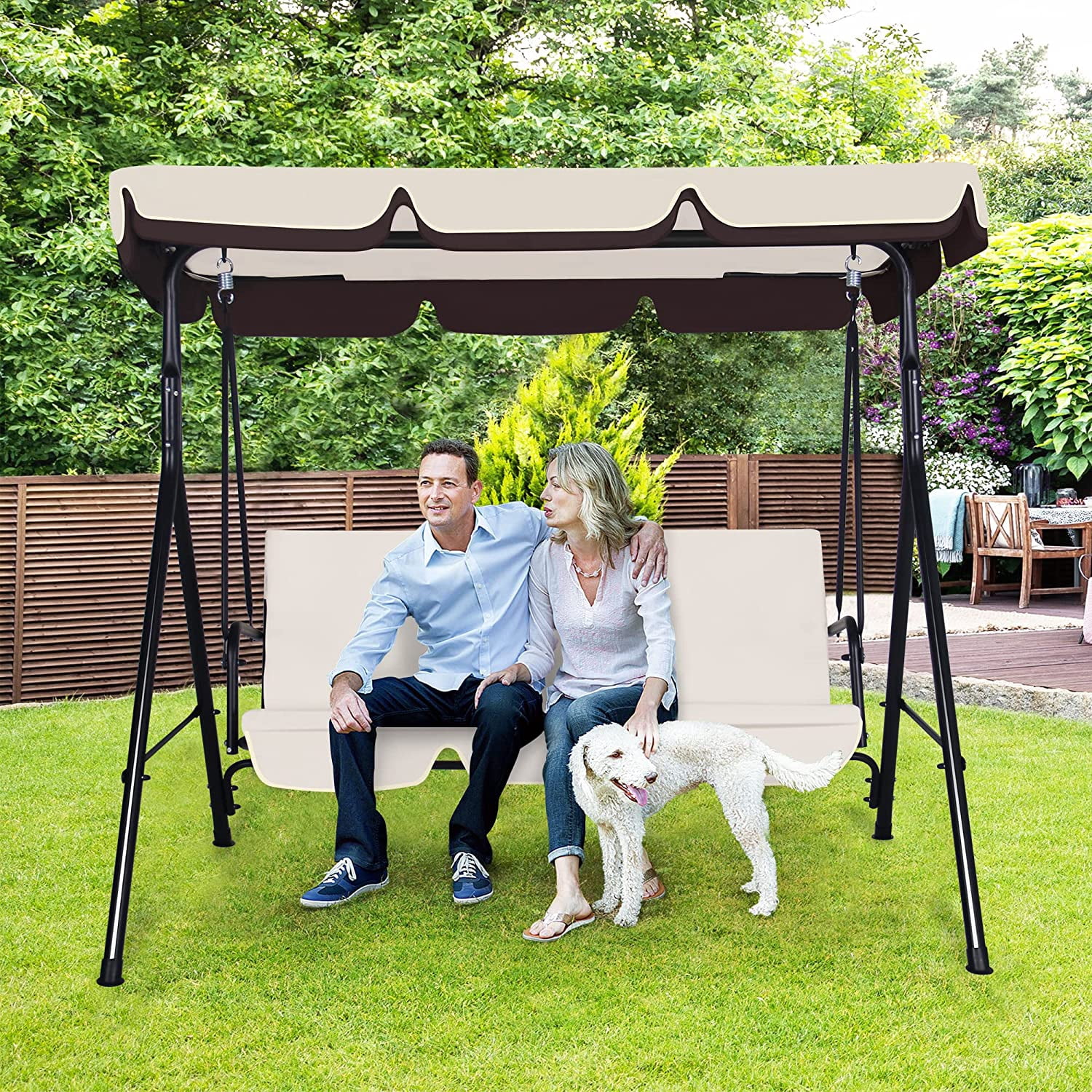3-Seat Patio Swing Chair, Outdoor Porch Swing with Adjustable Canopy ...