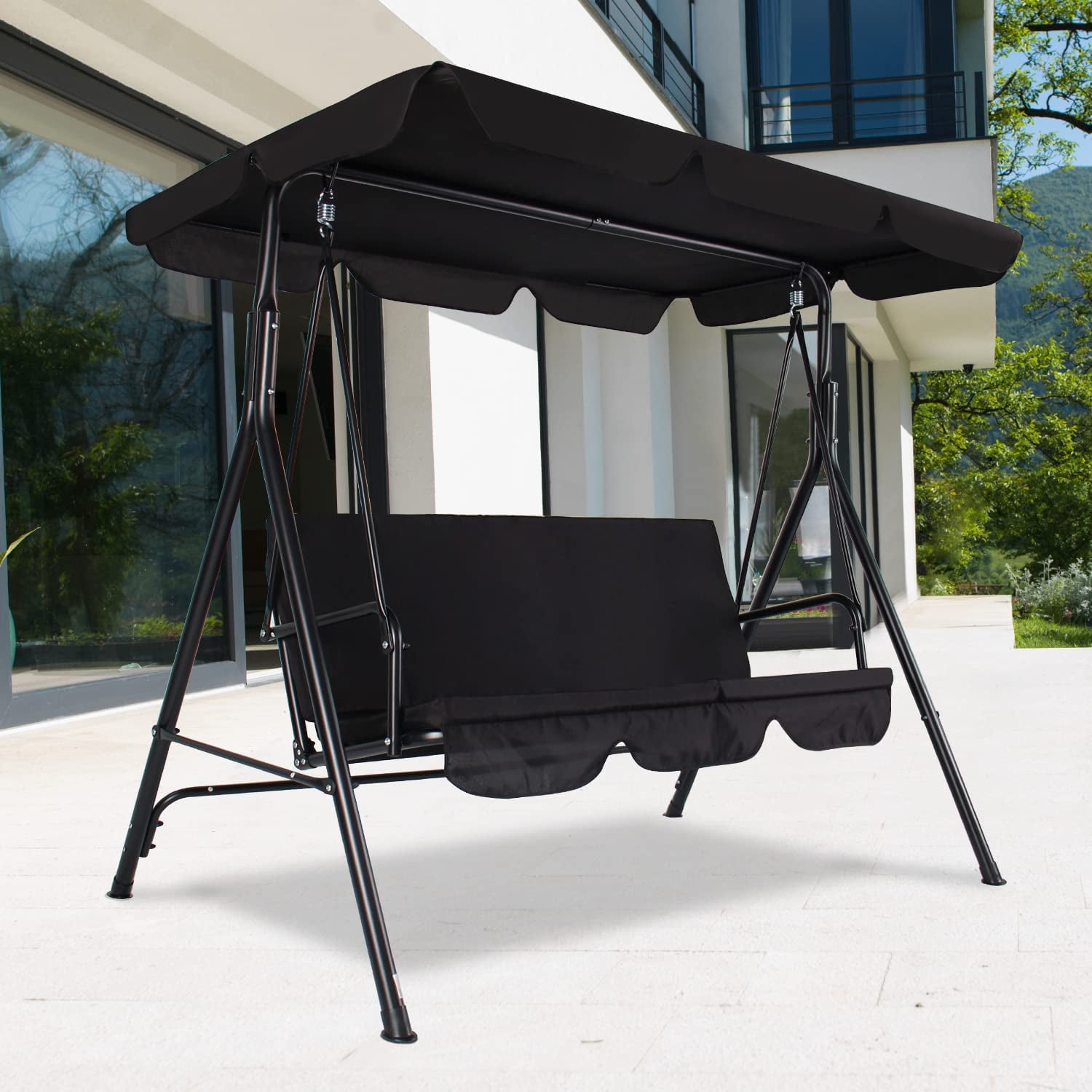 3-Seat Patio Swing Chair,Outdoor Porch Swing with Adjustable Canopy and ...