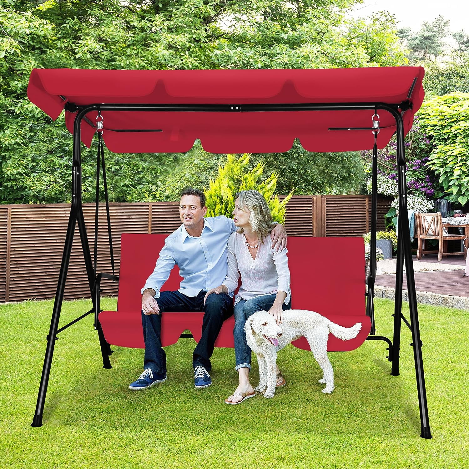 3-Seat Patio Swing Chair, Outdoor Porch Swing with Adjustable Canopy ...