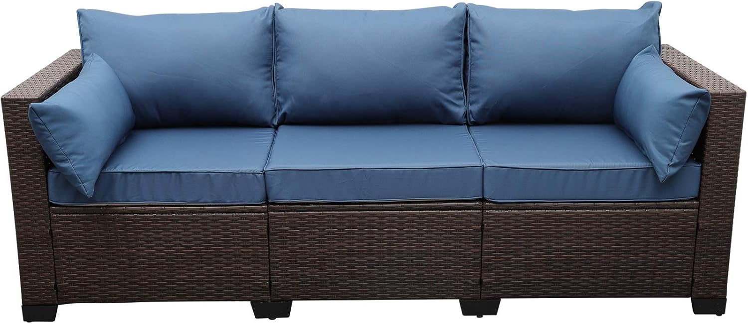 3-Seat Patio Wicker Sofa, Outdoor Rattan Couch Furniture Steel Frame ...