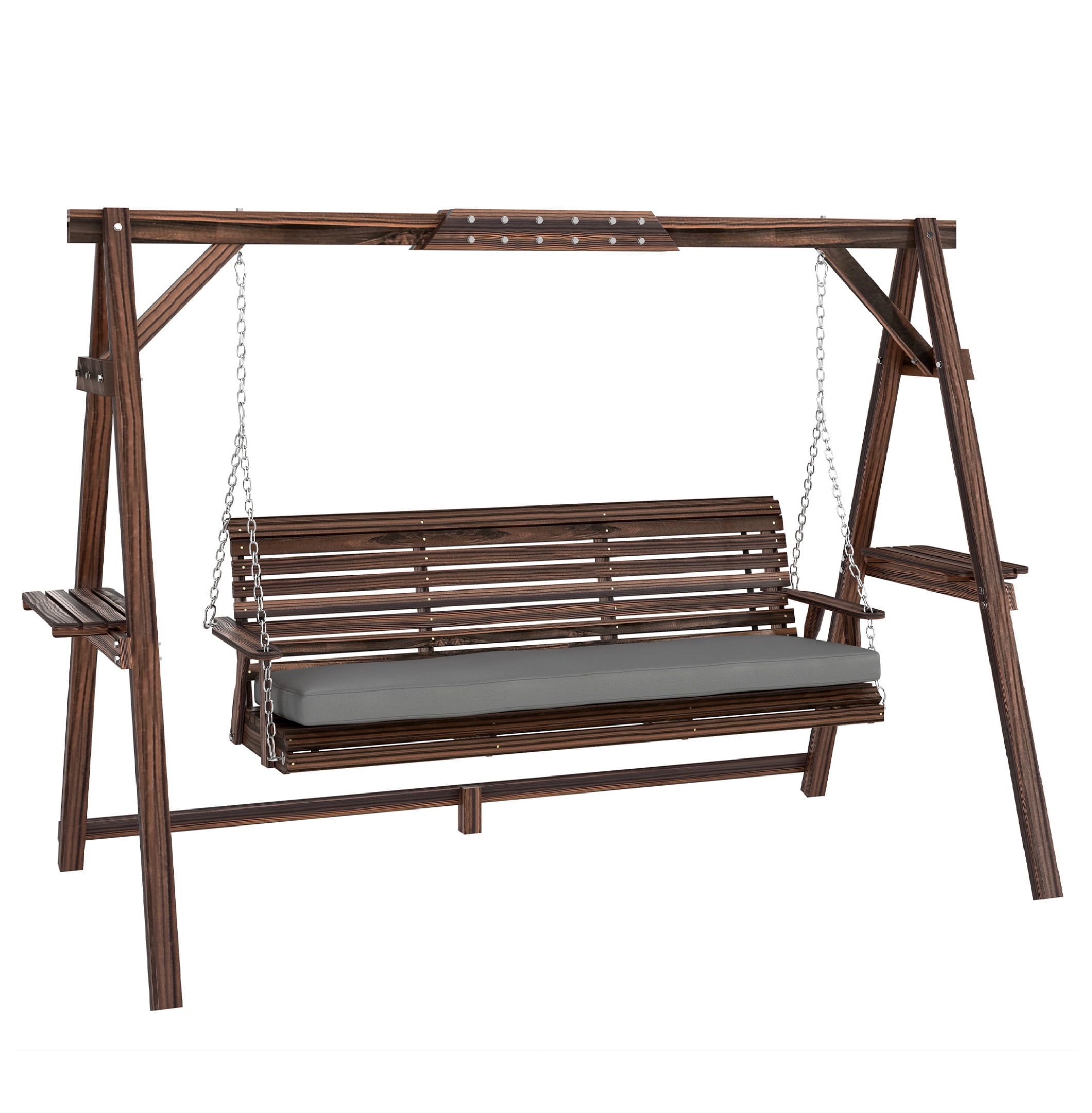 3 Seat Porch Swing with Stand, Wooden Patio Swing with Cushion, Outdoor ...
