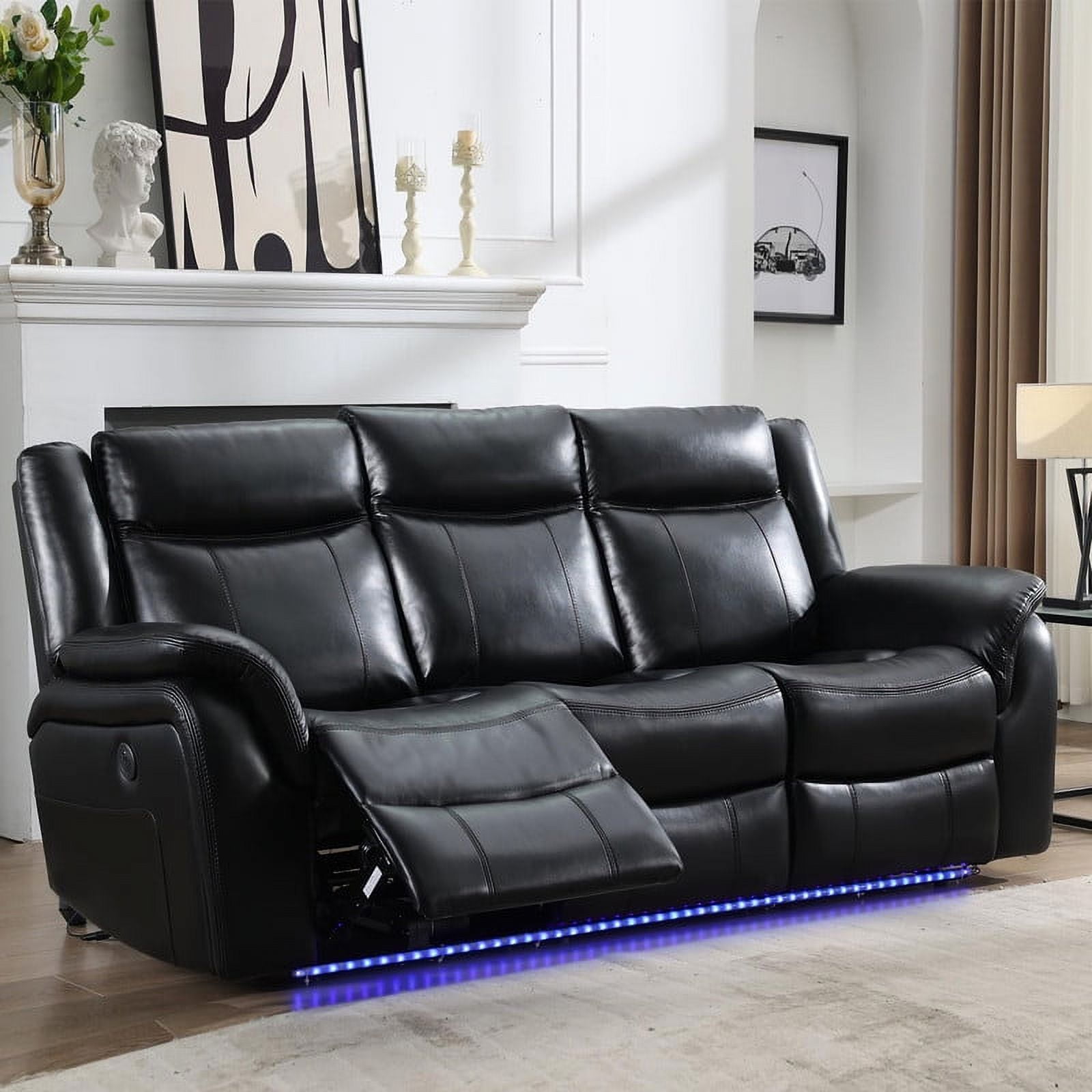 3-Seat Power Recliner Sofa Set in Black Faux Leather with LED Light ...