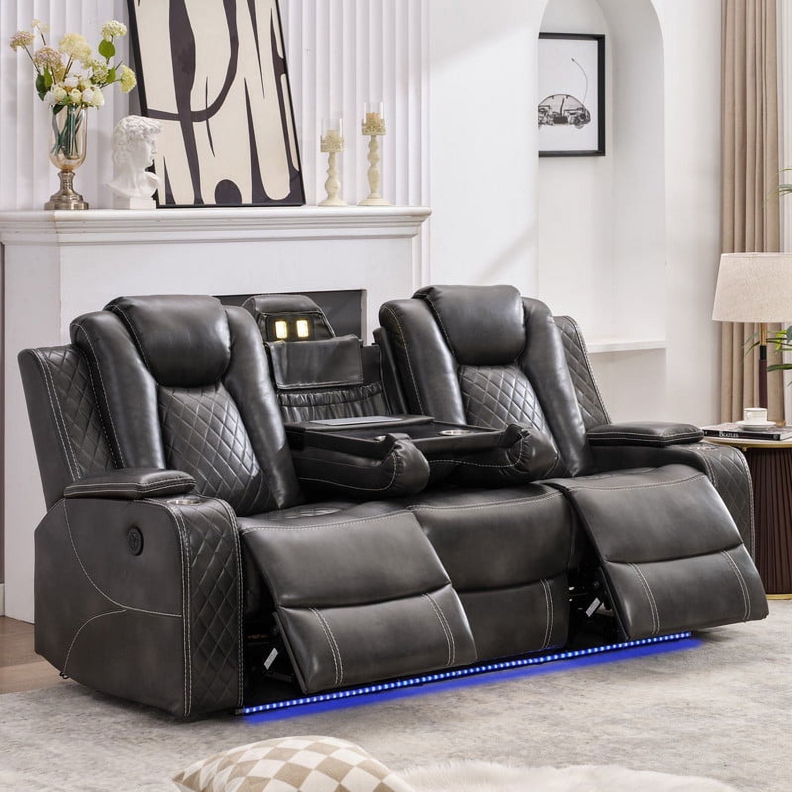 Comfort Stretch 3-Seat Power Recliner Sofa Set, Gray Faux Leather, LED ...