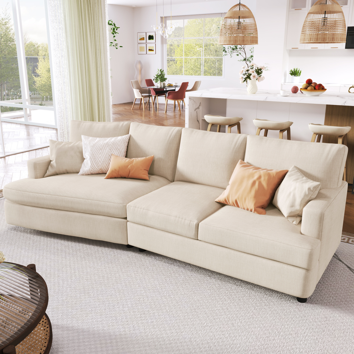 3 Seat Sofa, 111.4" W Streamlined Budapest Sofa with Removable Back ...