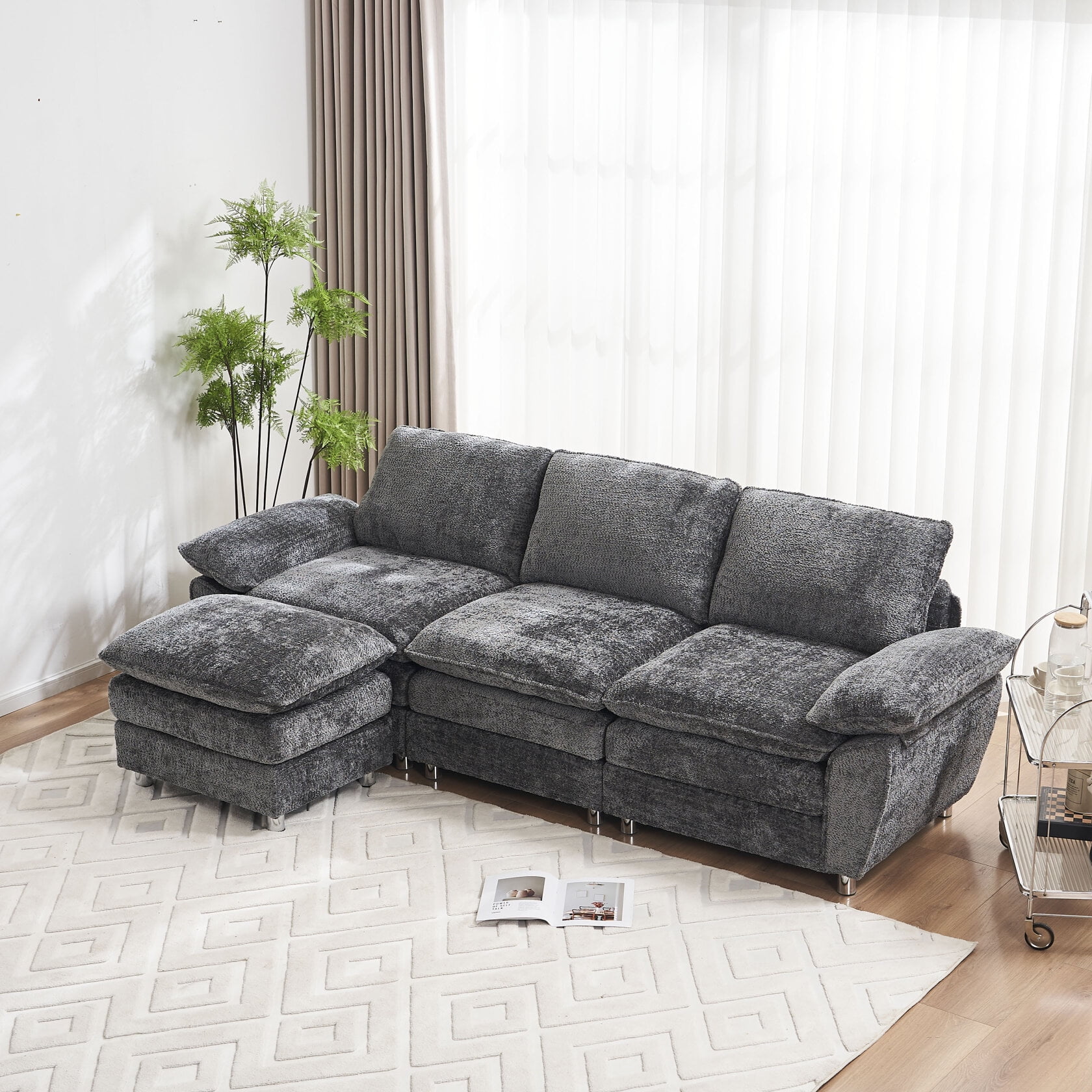 3-Seat Sofa Couch with Ottoman, Modern Deep Sleeper Sofa with Metal Legs, Comfy Upholstered ...