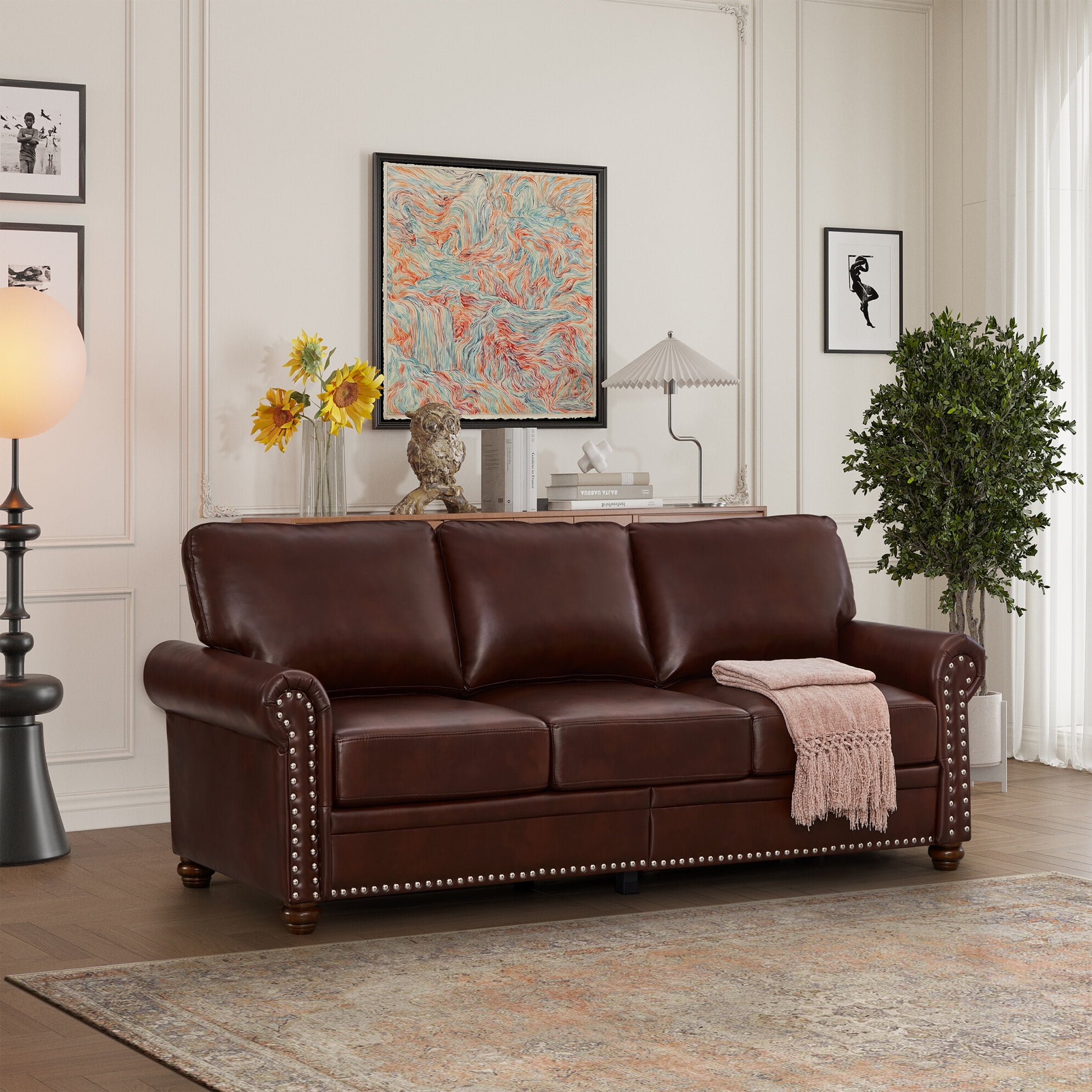 3-Seat Sofa with Storage Boxes, Faux Leather Mid Century Modern Couches ...