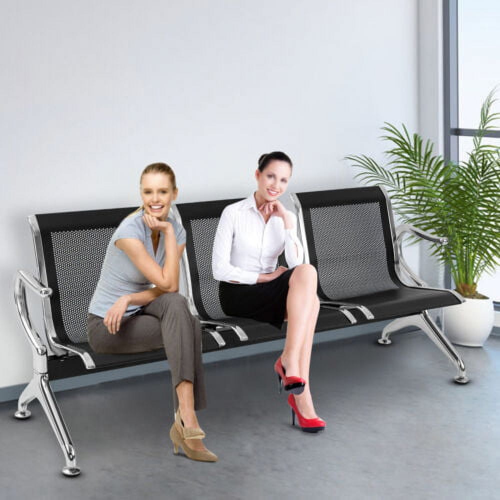 3 Seat Waiting Room Chair, Black Steel Mesh Bench with Arms, Ergonomic ...