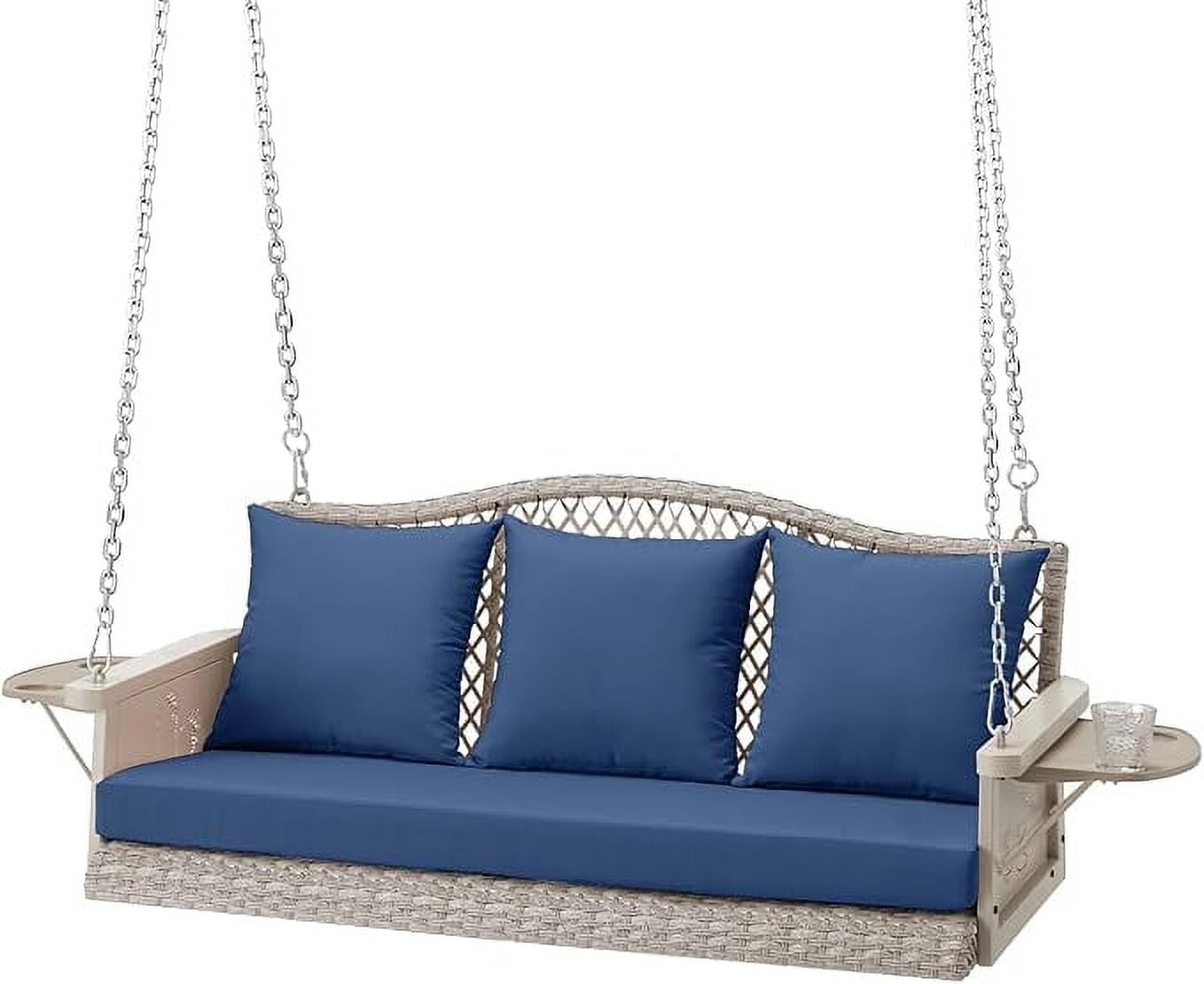3 Seat Wicker Hanging Porch Swing, 8.9 ft. Hanging Chain Outdoor Hanging Swing with Blue ...