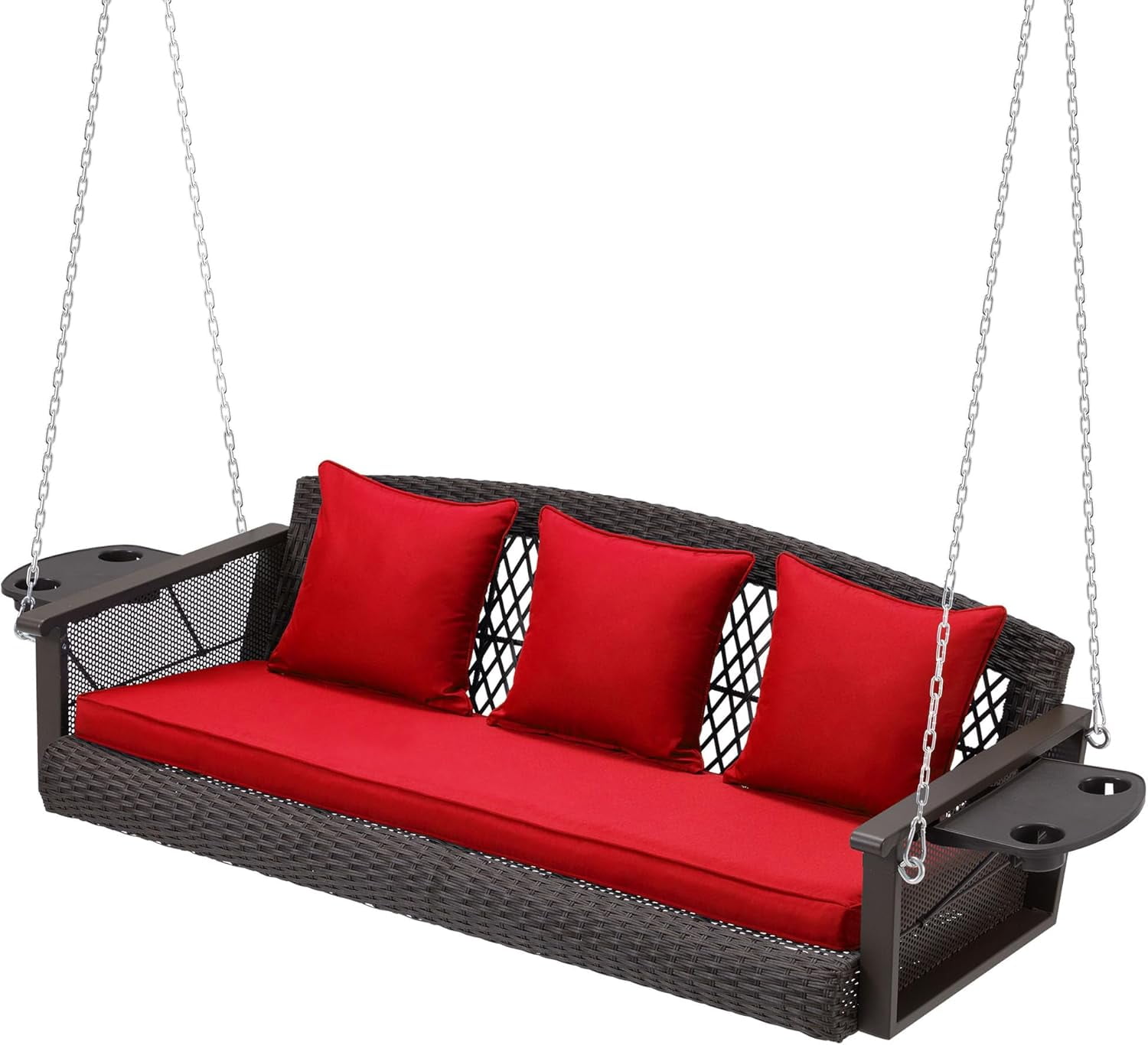 3-Seat Wicker Hanging Porch Swing Outdoor with Non-Spill Cup Holder, Rattan Patio Swing Bench ...