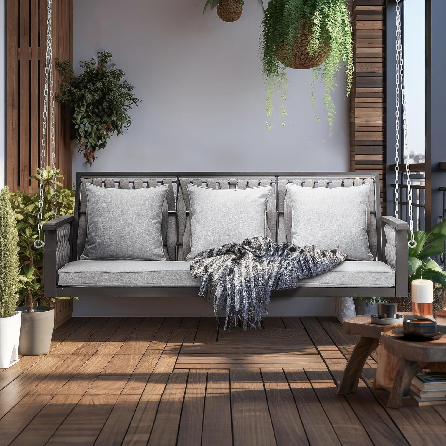 3-Seat Wicker Hanging Porch Swing Outdoor with Non-Spill Cup Holder Rattan Patio Swing Bench ...